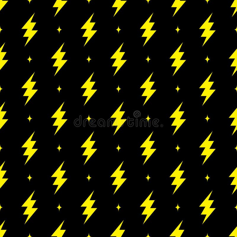 Yellow Lightning Bolt Vector Seamless Pattern on Black Background ...