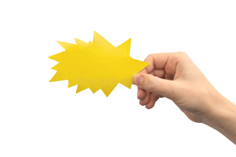 Yellow Lightning or Boom Shape Speech Bubble in Hand Isolated on a ...