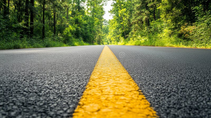 A Yellow Line Down the Center of a Paved Road through a Forest Stock ...
