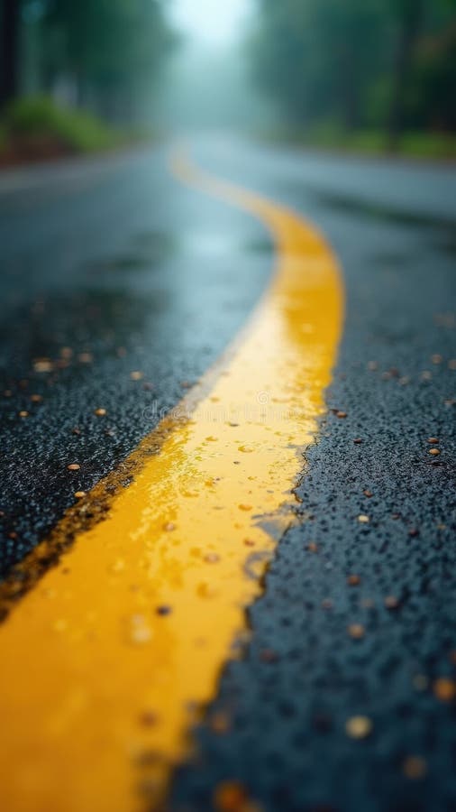 Yellow line on a wet road stock image. Image of gray - 364263293