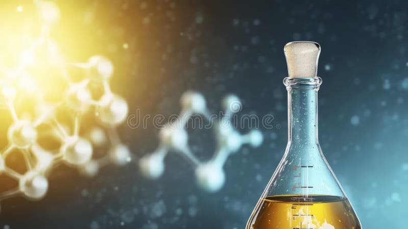 Yellow Liquid in Flask with Molecular Structures Background Image Stock ...
