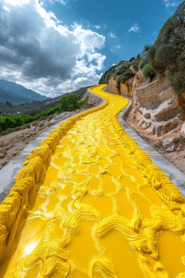 A Yellow Liquid Flowing Down a Road with Mountains in the Background ...