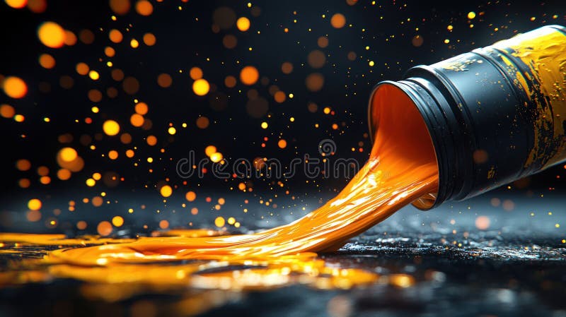 Yellow Liquid Flows from Container on Dark Surface with Glowing ...