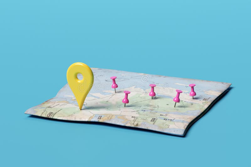 Yellow Location Icon and Push Pins Showing Destination Points on Map ...