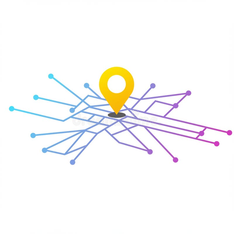 Yellow Location Pin Centered on a Stylized Network of Connected Blue ...