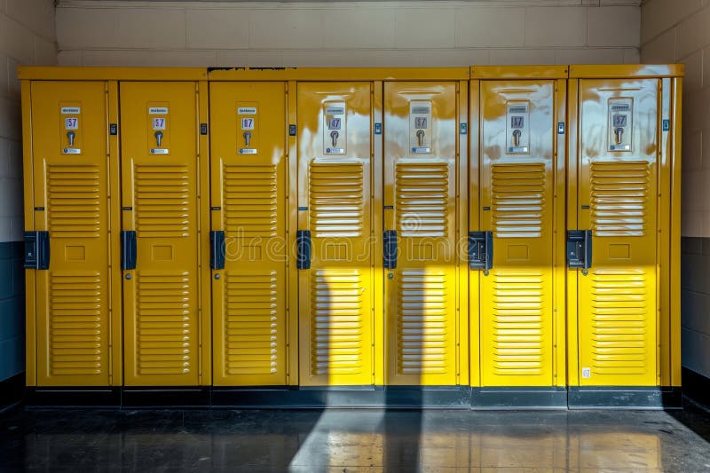 Yellow Lockers with Numbered Doors Under Bright Lighting Stock Photo ...