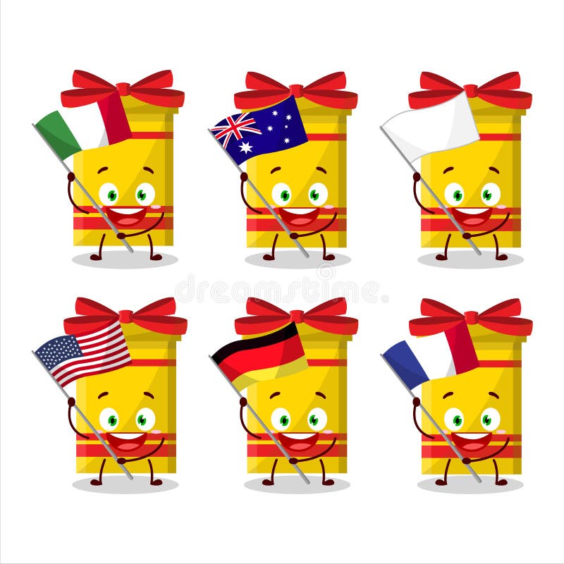 Yellow Long Gift Box Cartoon Character Bring the Flags of Various ...