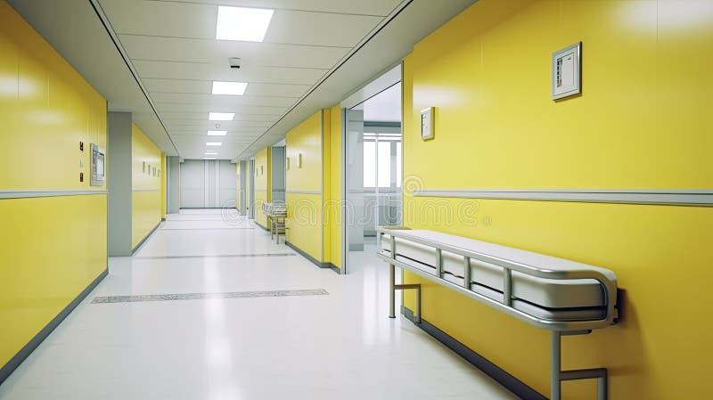 Yellow Long Hospital Bright Corridor with Rooms and Seats Stock ...