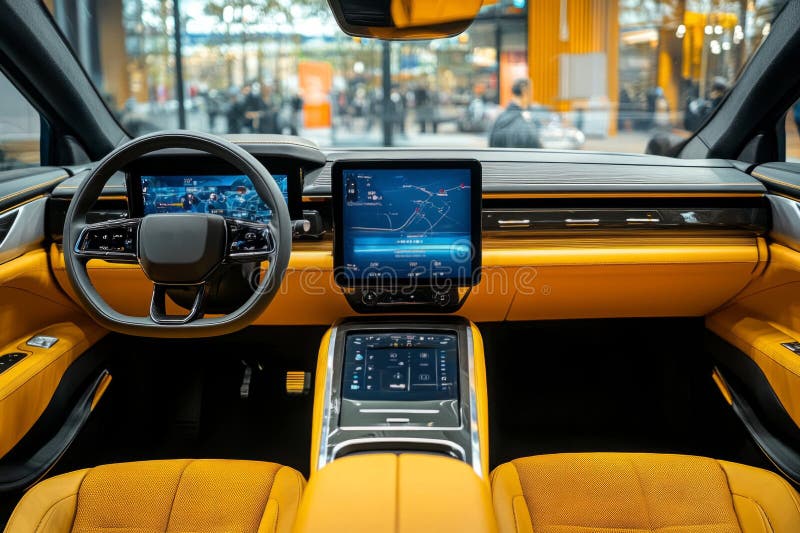 Yellow Luxury Car Interior Featuring Navigation System, Digital ...