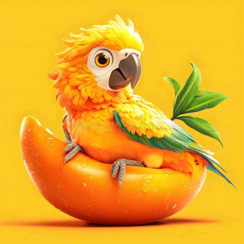 Yellow Macaw Parrot on Mango Fruit Digital Illustration Stock ...