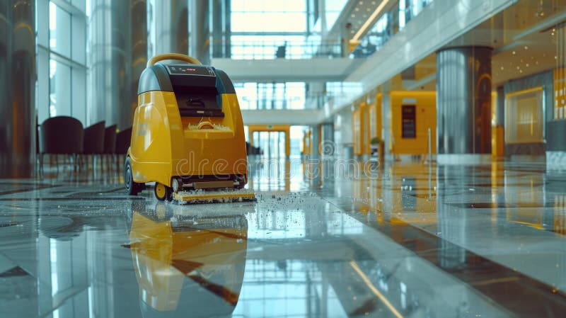 A Yellow Machine Cleaning the Floor, Suitable for Commercial Use Stock ...