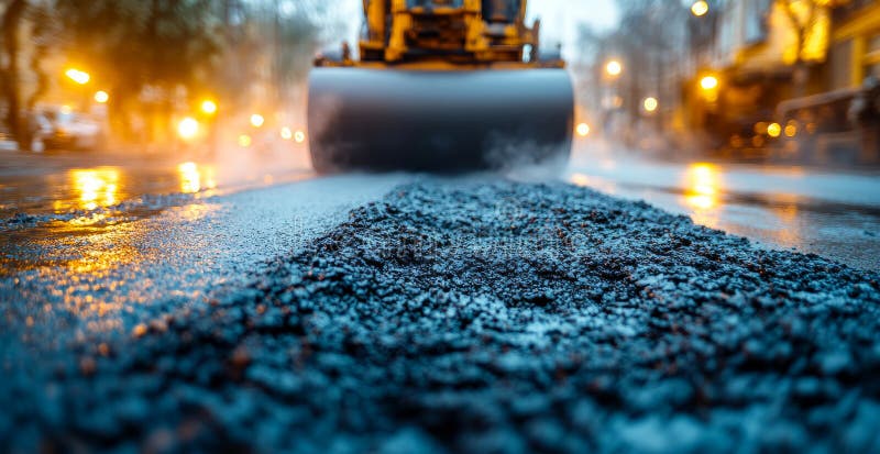 A Yellow Machine is Rolling a Black Substance on a Wet Road Stock Photo ...