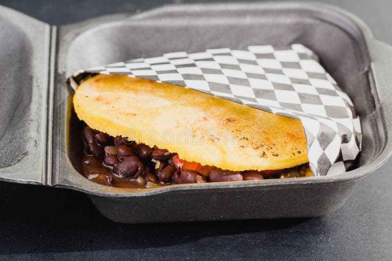 Arepa with Black Beans on a Packaging Stock Photo - Image of beans ...
