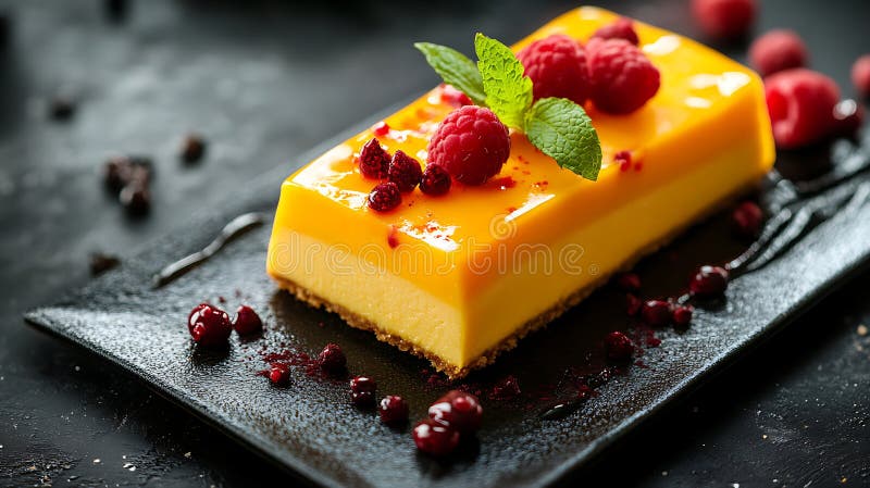 Yellow Mango Mousse Cake with Fresh Raspberries and Mint Stock ...