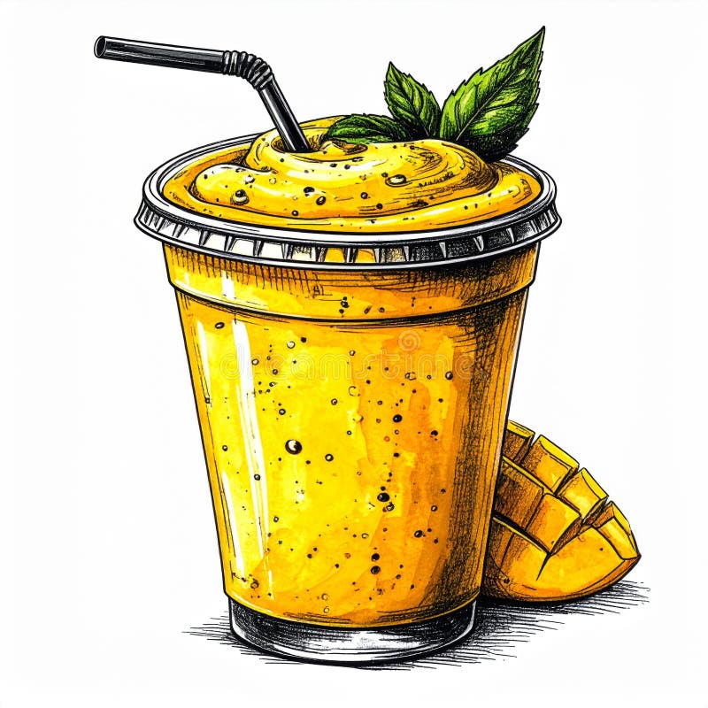 Yellow Mango Smoothie in Plastic Cup with Mint Stock Illustration ...
