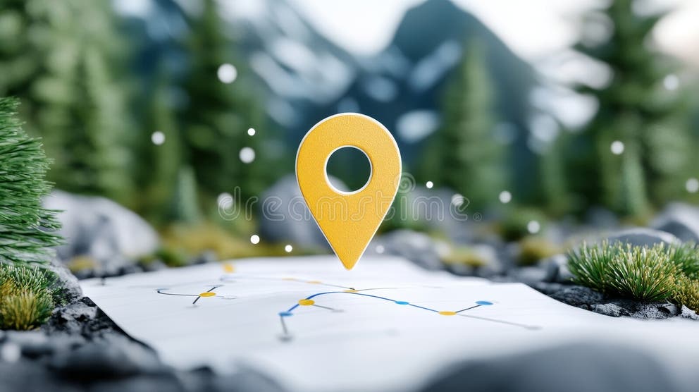Yellow Map Marker on a Forest Pathway Amid Mountain Landscape Stock ...