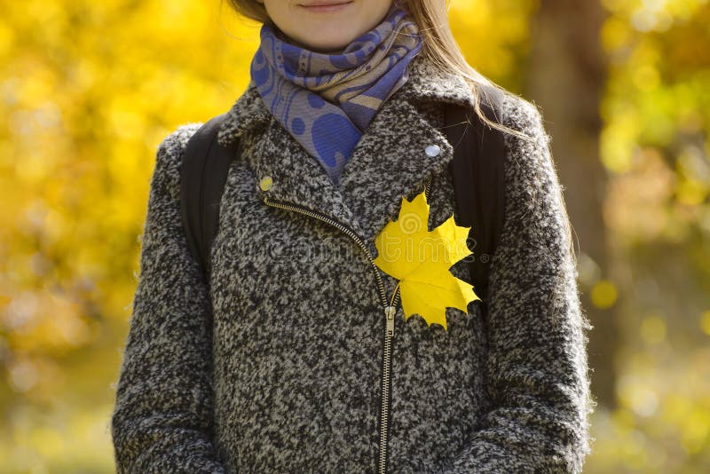 Yellow Maple Leaf on a Gray Coat. Autumn Concept. Stock Image - Image ...