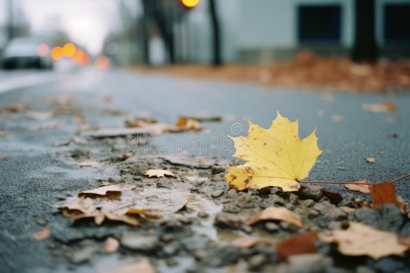 A Yellow Maple Leaf Laying on the Ground in the Middle of a Road Stock ...