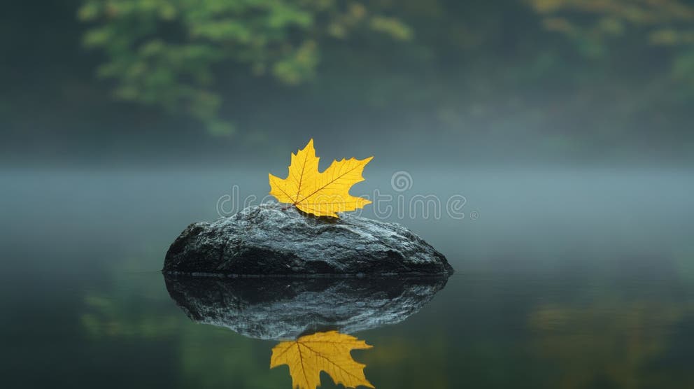 Yellow Maple Leaf on Rock in Misty Lake Reflection Stock Photo - Image ...