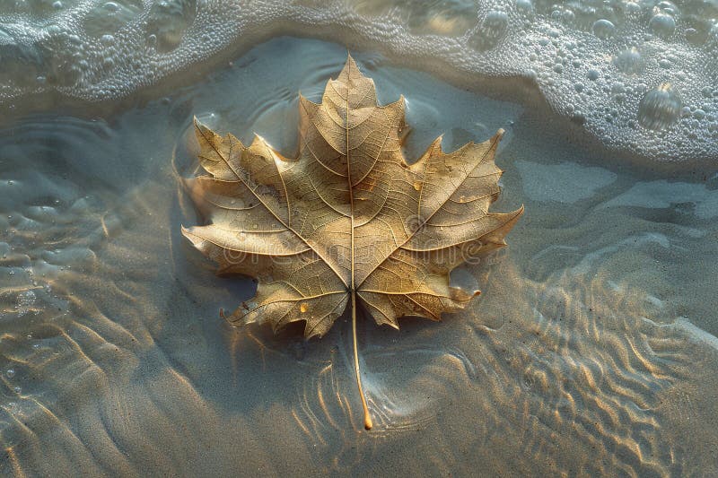 Yellow Maple Leaf on Wet Sand at the Beach. Generated by Artificial ...