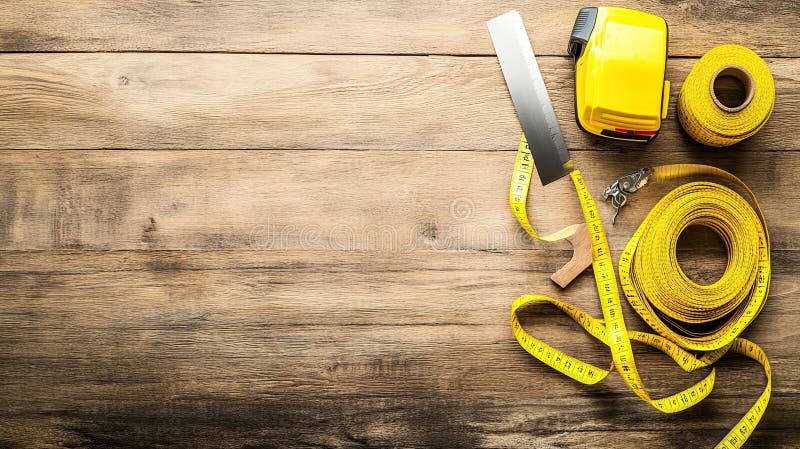 Yellow Measuring Tools on Wood, Workspace Background, DIY Project Stock ...