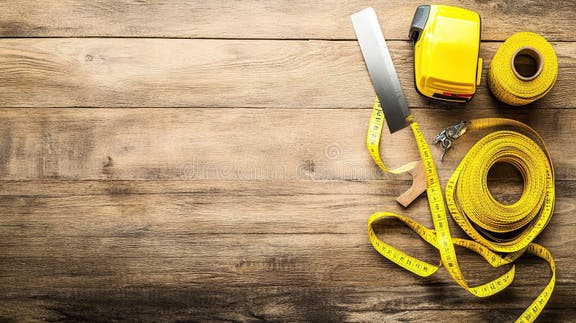Yellow Measuring Tools on Wood, Workspace Background, DIY Project Stock ...
