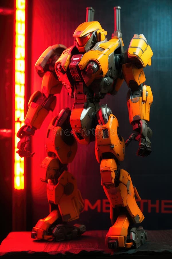 Yellow Mecha Giant Robot with Lights Over Building, Created Using ...