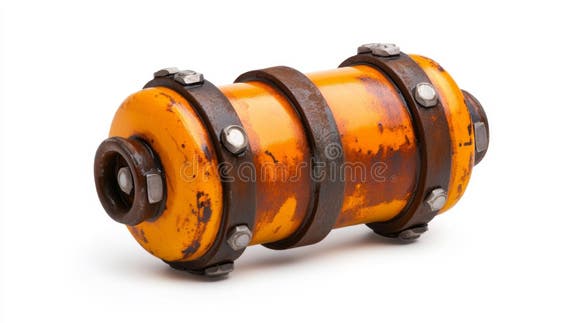 Yellow Mechanical Pipe Coupling with Visible Rust and Bolts on a White ...