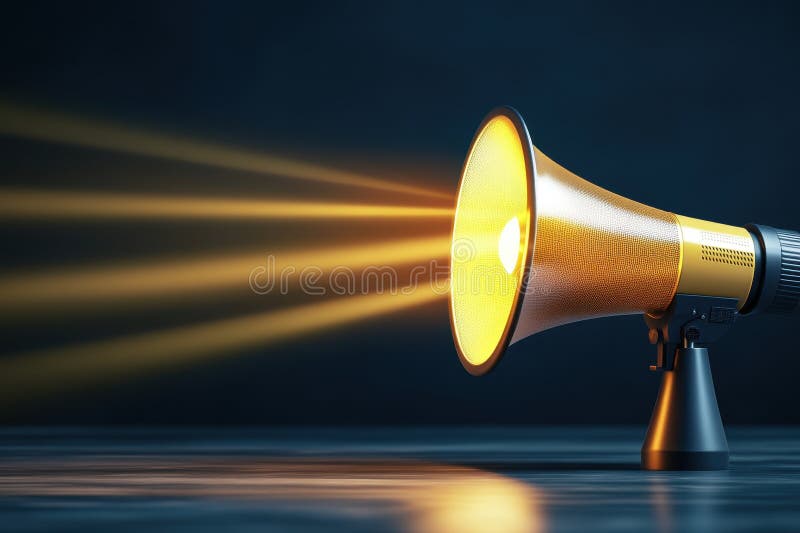 Yellow Megaphone with Bright Light Rays on Dark Background in Modern ...
