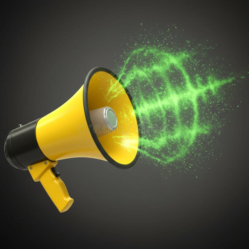 Yellow Megaphone Emitting Green Sound Waves in a Dark, Digital ...
