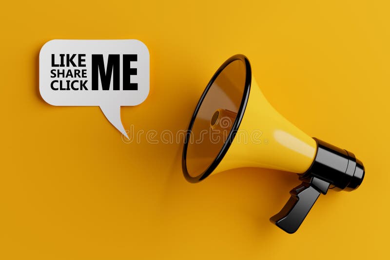 Yellow Megaphone with Like, Share, Click Me Sign on a Speech Clouds ...