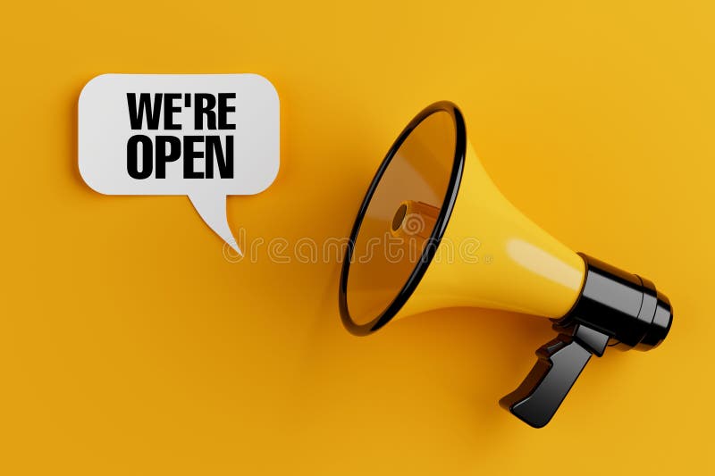 Yellow Megaphone with we are Open Sign Speech Clouds Chat Bubble. 3d ...
