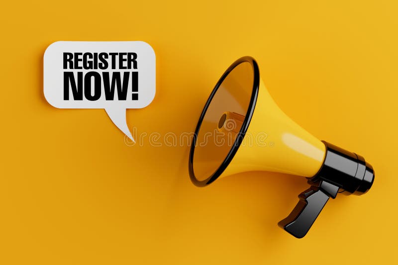 Yellow Megaphone with Register Now Sign Speech Clouds Chat Bubble. 3d ...