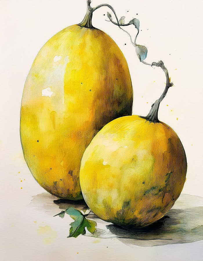 Yellow Melons with Vines and Leaves on a White Background Stock ...