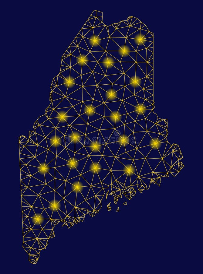 Yellow Mesh 2D Maine Land Map with Light Spots Stock Vector ...
