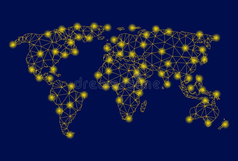 Yellow Mesh 2D World Map With Flash Spots Stock Vector - Illustration ...