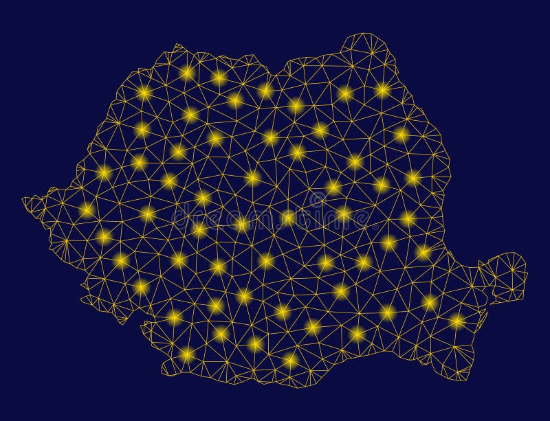 Yellow Mesh Wire Frame Romania Map with Flash Spots Stock Vector ...
