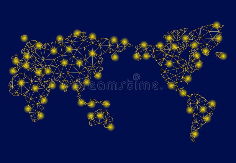 Yellow Mesh Wire Frame World Map with Flare Spots Stock Vector ...