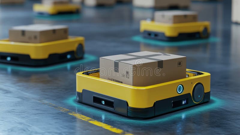 Yellow Micro-robots Transporting Packages in a Modern Warehouse Stock ...