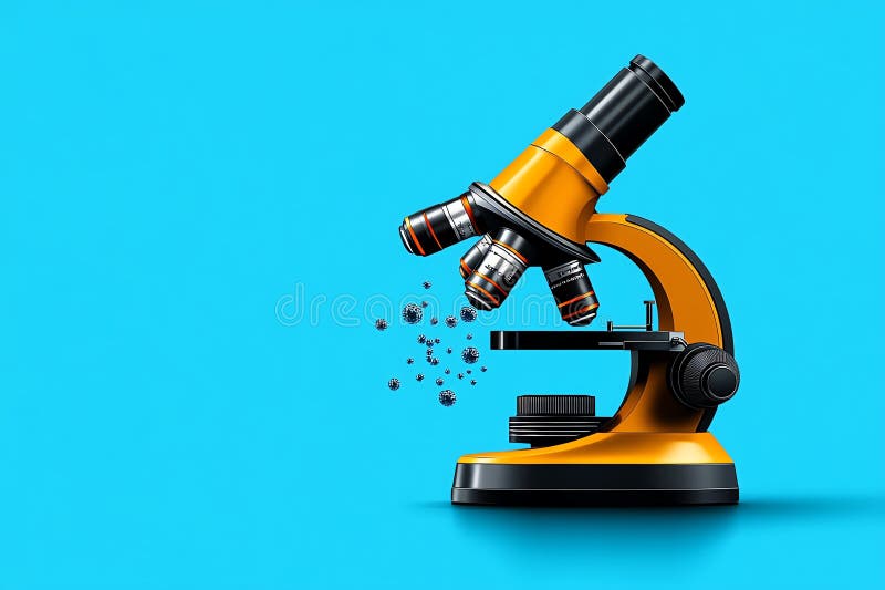 A Yellow Microscope on a Blue Background with Particles of Dust or ...