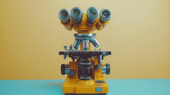 Yellow Microscope on a Blue Surface Against a Yellow Background in a ...