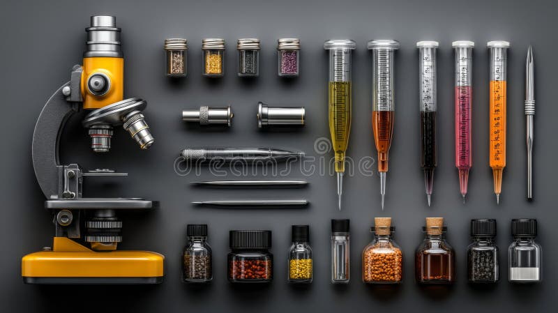 Yellow Microscope and Colorful Medical Equipment on Gray Background ...