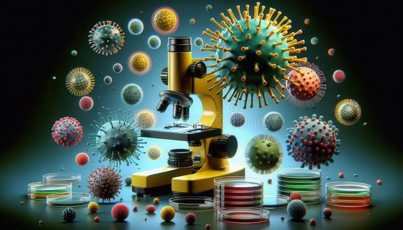 A Yellow Microscope Surrounded by Various Colorful Viruses and Petri ...