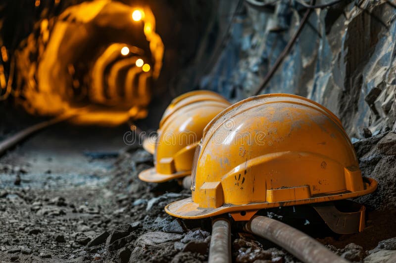 Yellow Miners Safety Helmet on the Coal Mining Background.ai Generative ...