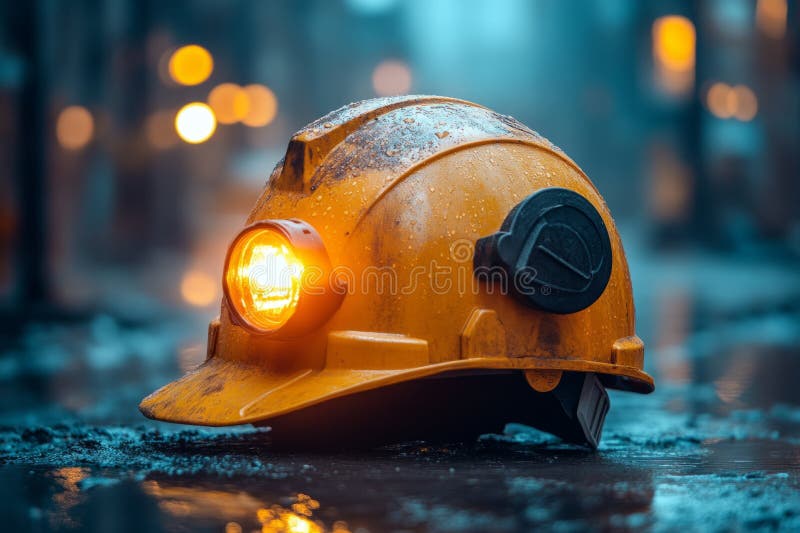 Yellow Mining Hard Hat Resting on Wet Ground with City Lights ...