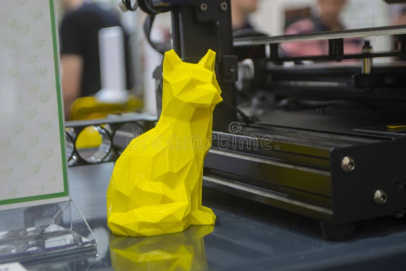 Yellow Model Printed 3D Printer from Melted Plastic Blue Surface ...