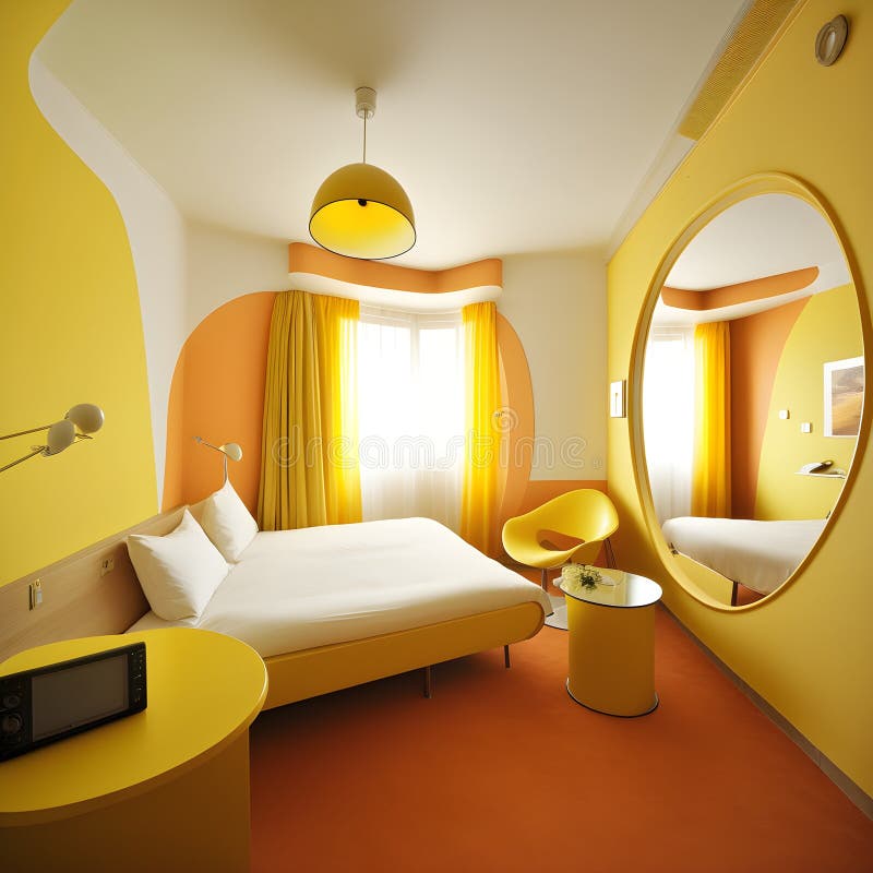 Yellow Modern Hotel Room Design with Bright Yellow Wall Accent and Huge ...