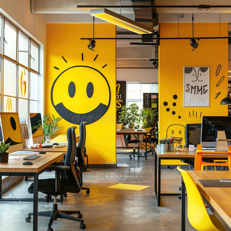 Yellow Modern Office Interior with Smiley Face Wall Art, Desks, and ...