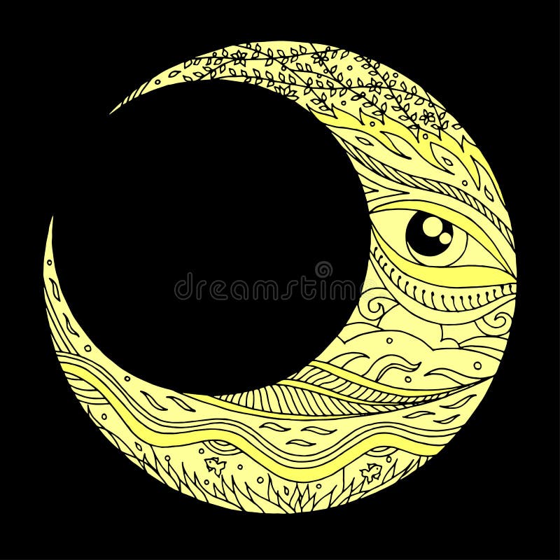 Yellow Moon in Dark Night Hand Drawing Vector Zentangle Illustration ...