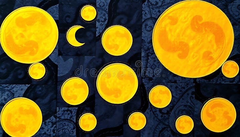 Yellow Moons and Crescent Moon Pattern on Dark Blue Background ...